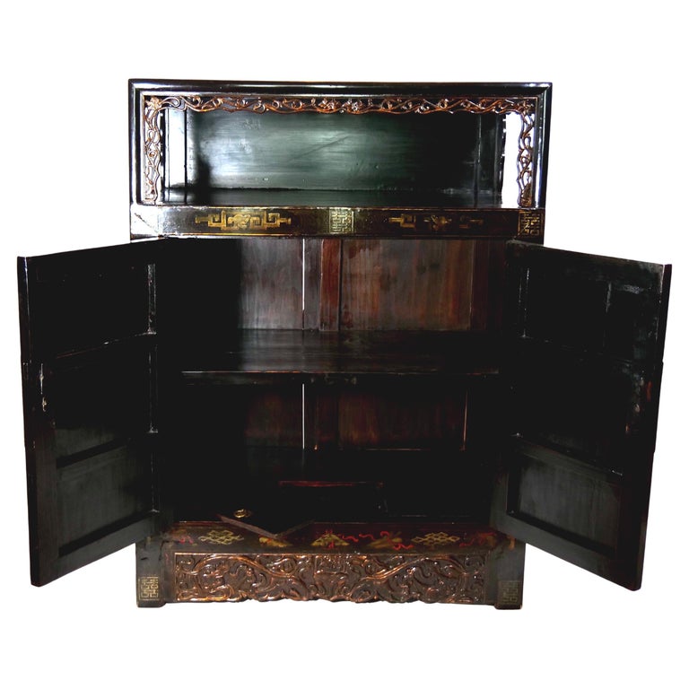 Hand Painted Black Lacquered Two Piece Cabinet For Sale at 1stDibs