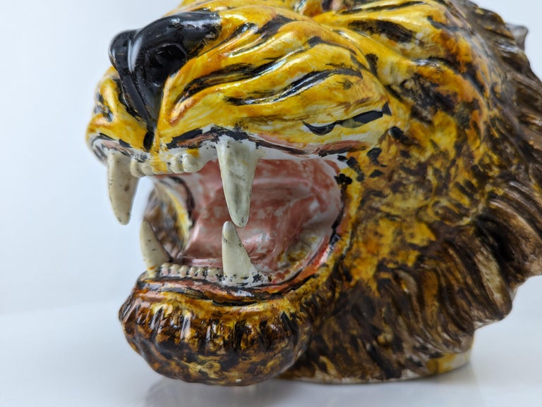 Hand-Painted Ceramic Tiger Head Planter, Italy 1960s For Sale at 1stDibs