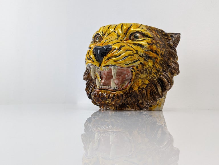 Hand-Painted Ceramic Tiger Head Planter, Italy 1960s For Sale at 1stDibs
