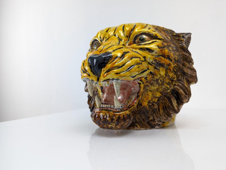 Hand-Painted Ceramic Tiger Head Planter, Italy 1960s For Sale at 1stDibs