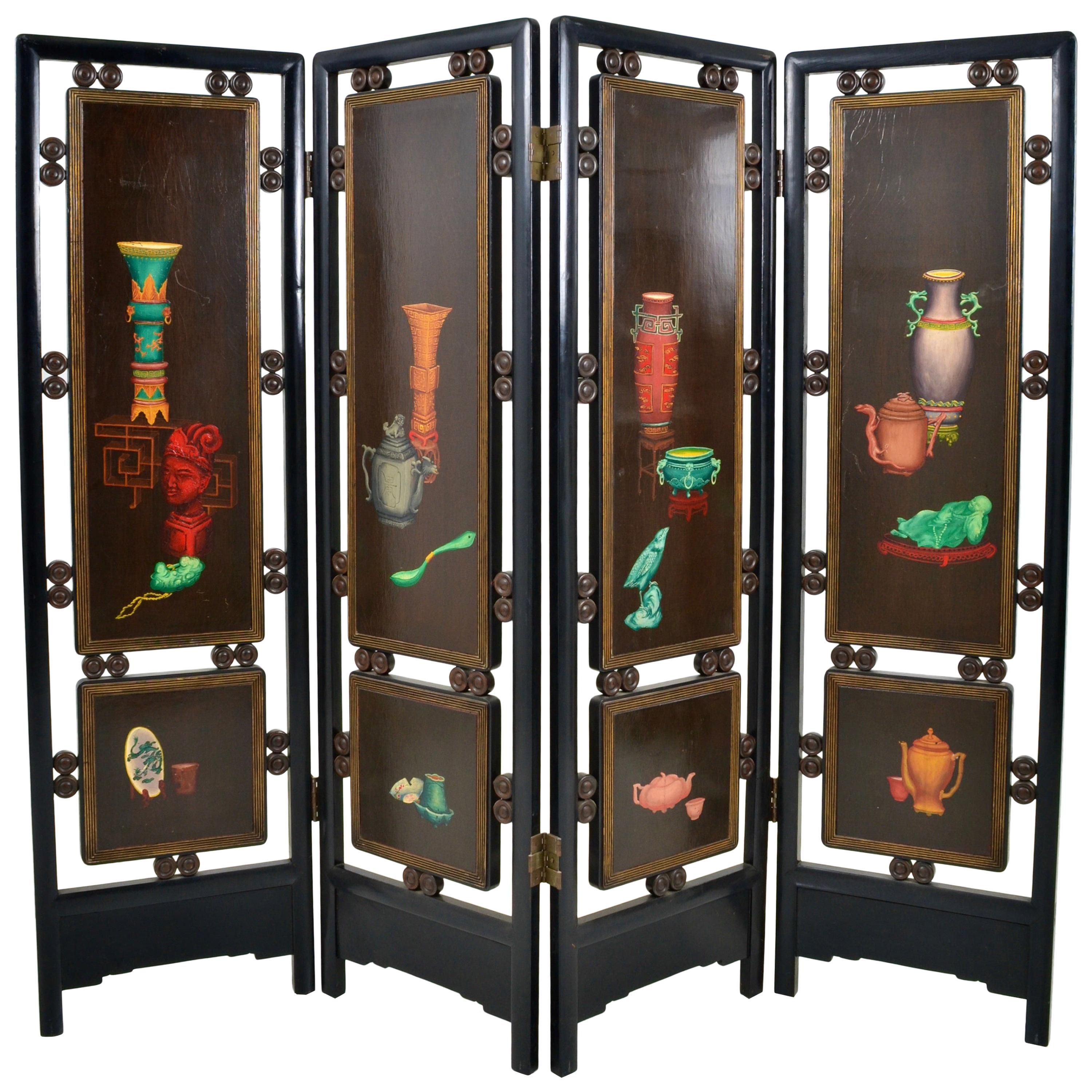 Hand Painted Chinese Screen with Specimen Stone Inlays For Sale at 1stDibs