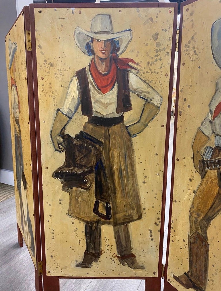 Hand Painted Cowgirl Western Room Divider Screen Four-Panel Adirondack ...