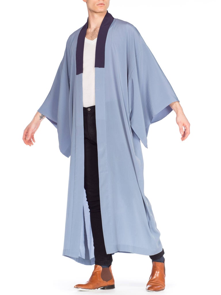 Hand Painted Dusty Blue Kimono with Metallic Falcon Botanical Scene at ...