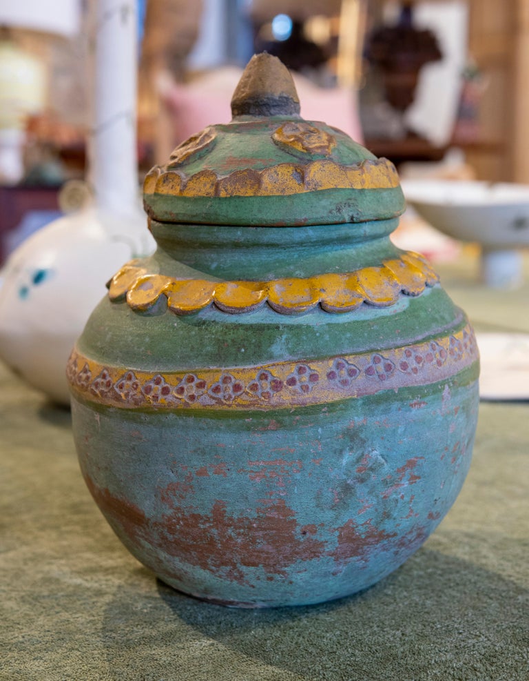 Hand-Painted Earthenware Vessel in Shades of Blue, Green and Yellow ...