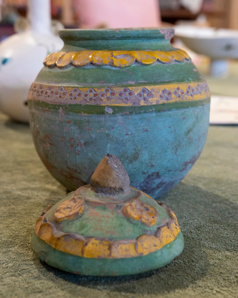 Hand-Painted Earthenware Vessel in Shades of Blue, Green and Yellow ...