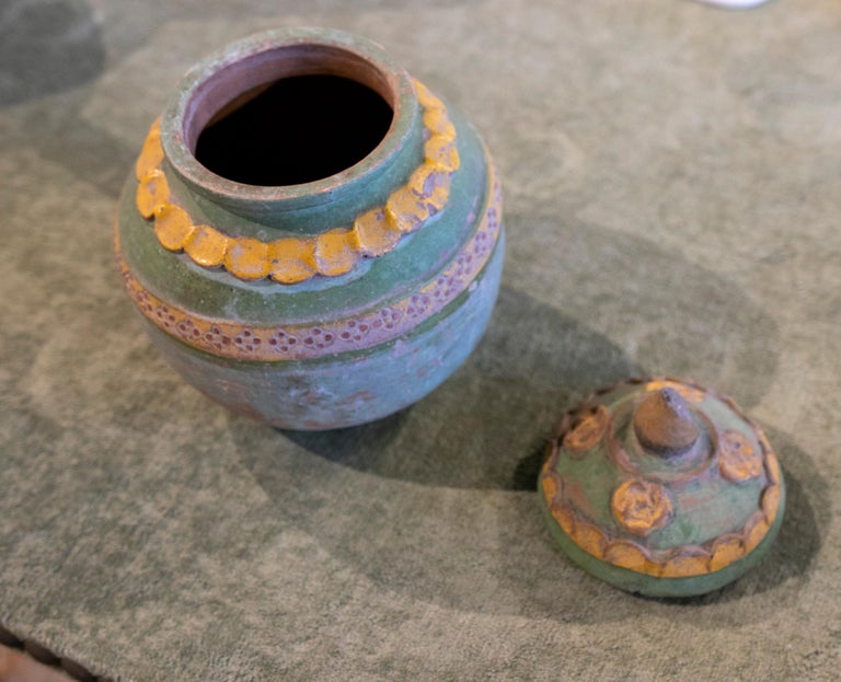Hand-Painted Earthenware Vessel in Shades of Blue, Green and Yellow ...