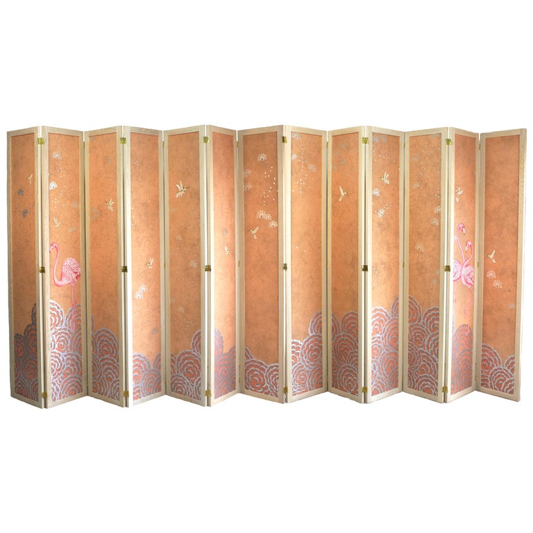 Hand Painted Folding Panel Screen For Sale at 1stDibs