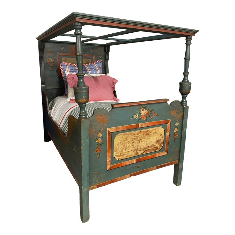 Hand Painted Folk Art Teal Single Canopy Bed For Sale at 1stDibs