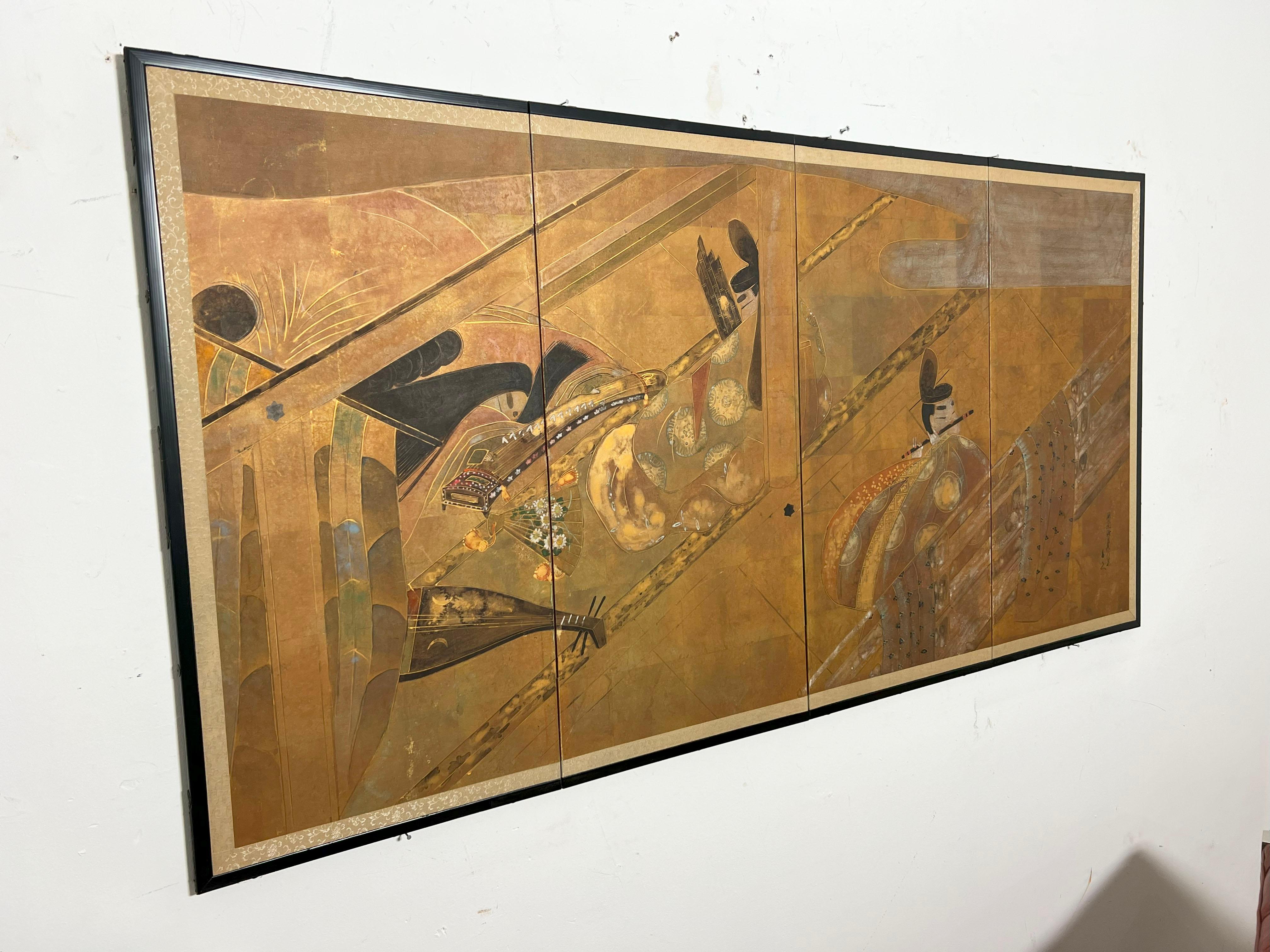 Hand Painted Four Panel Japanese Byobu Screen Circa 1960s at 1stDibs