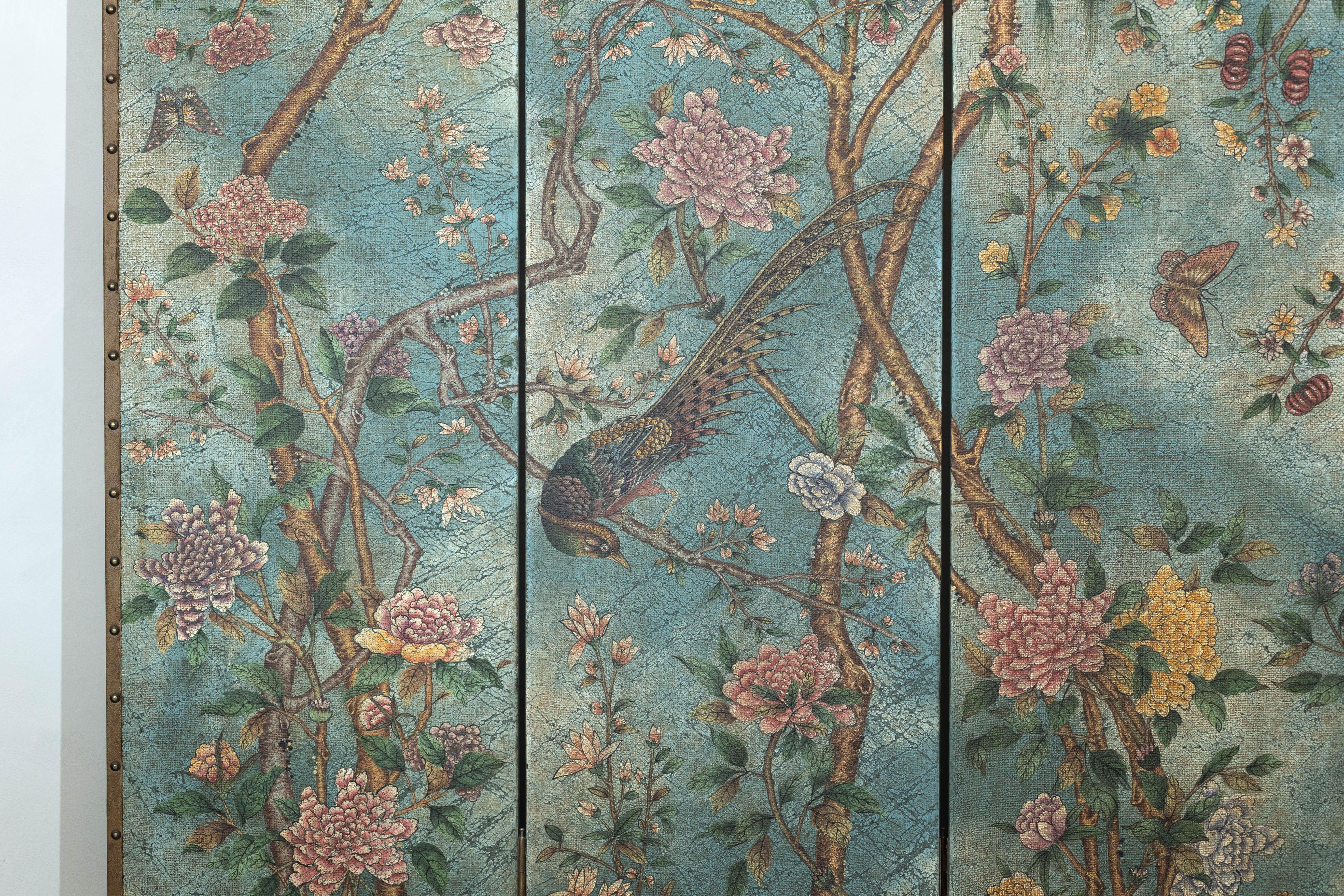 Hand-Painted Four-Panel Turquoise Screen with Birds and Floral Design ...