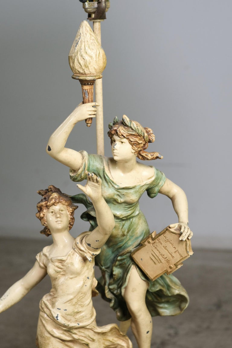 Hand Painted French Ceramic Table Lamp 2 Women Torch Wreaths Early 20th ...