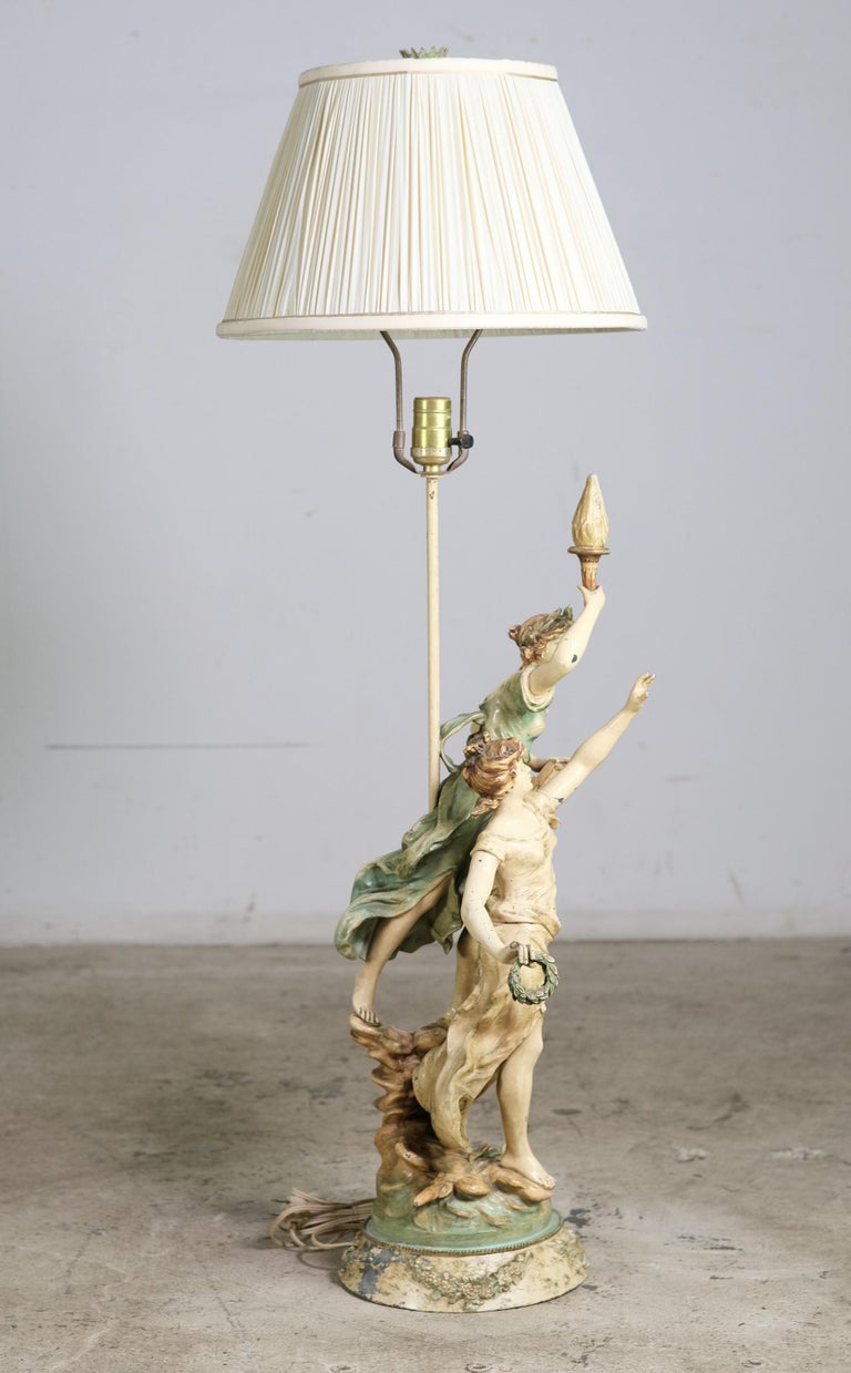 Hand Painted French Ceramic Table Lamp 2 Women Torch Wreaths Early 20th ...