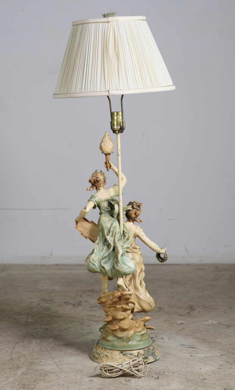 Hand Painted French Ceramic Table Lamp 2 Women Torch Wreaths Early 20th ...
