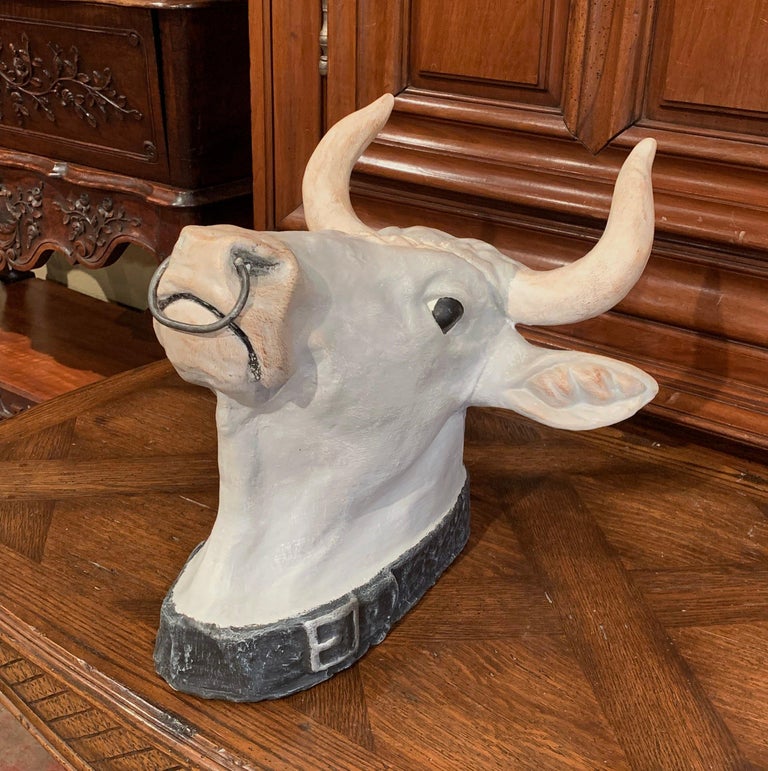 Hand Painted French Terracotta Butcher Cow Head Sculpture with Ring and ...