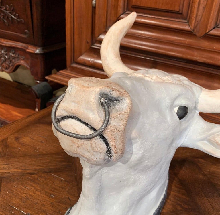 Hand Painted French Terracotta Butcher Cow Head Sculpture with Ring and ...