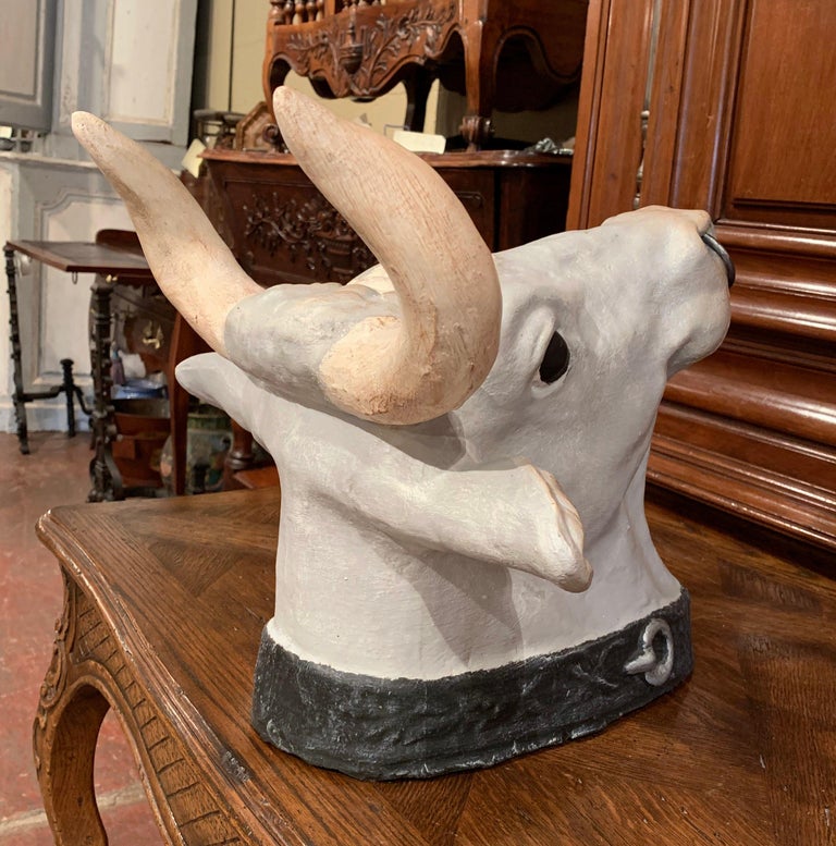 Hand Painted French Terracotta Butcher Cow Head Sculpture with Ring and ...