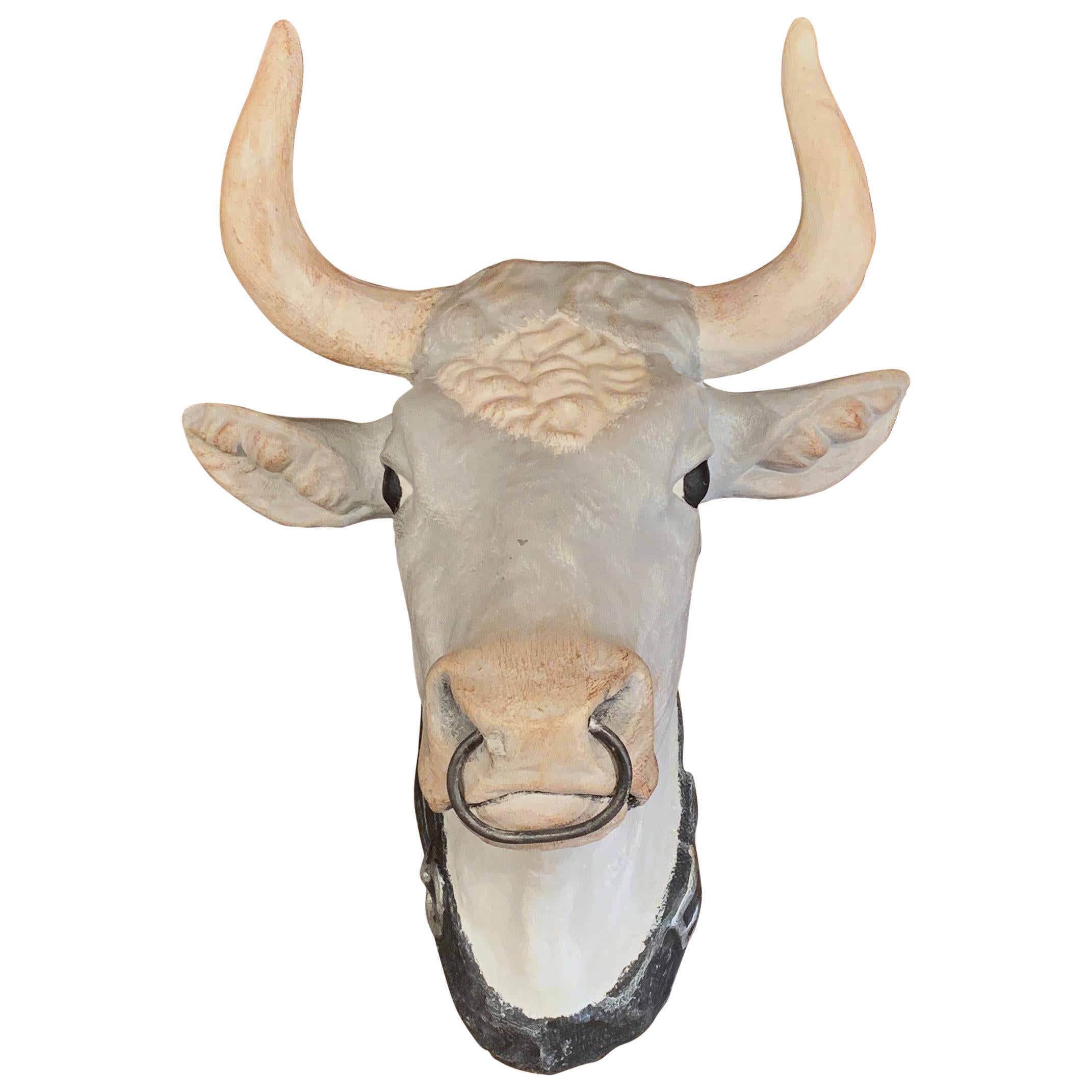 Hand Painted French Terracotta Butcher Cow Head Sculpture with Ring and ...