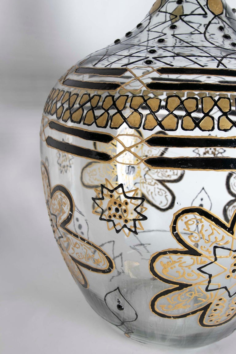 Hand Painted Glass Bottle with Geometrical Shapes and Flowers in Red ...