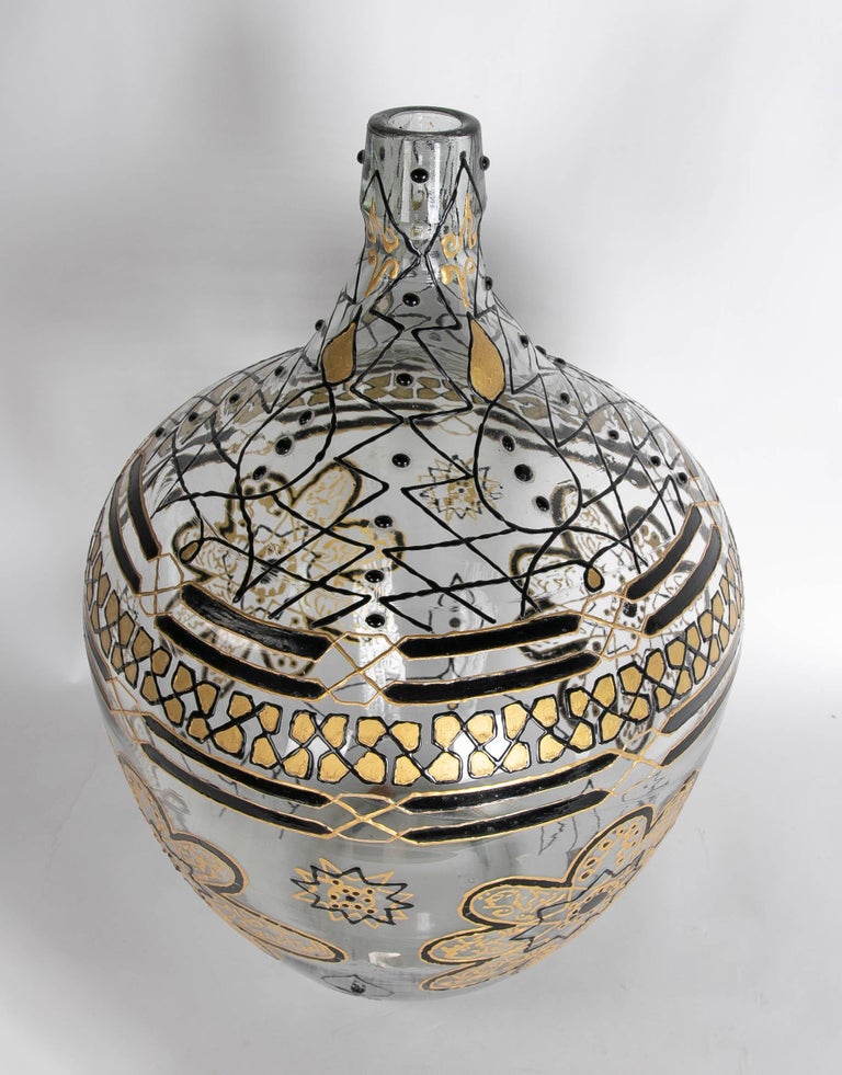 Hand Painted Glass Bottle with Geometrical Shapes and Flowers in Red ...