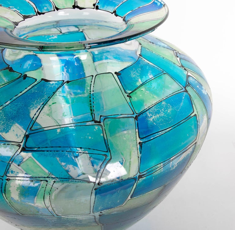 Hand Painted Glass Vase with Wide Mouth Painted in Blue and Green Tones ...