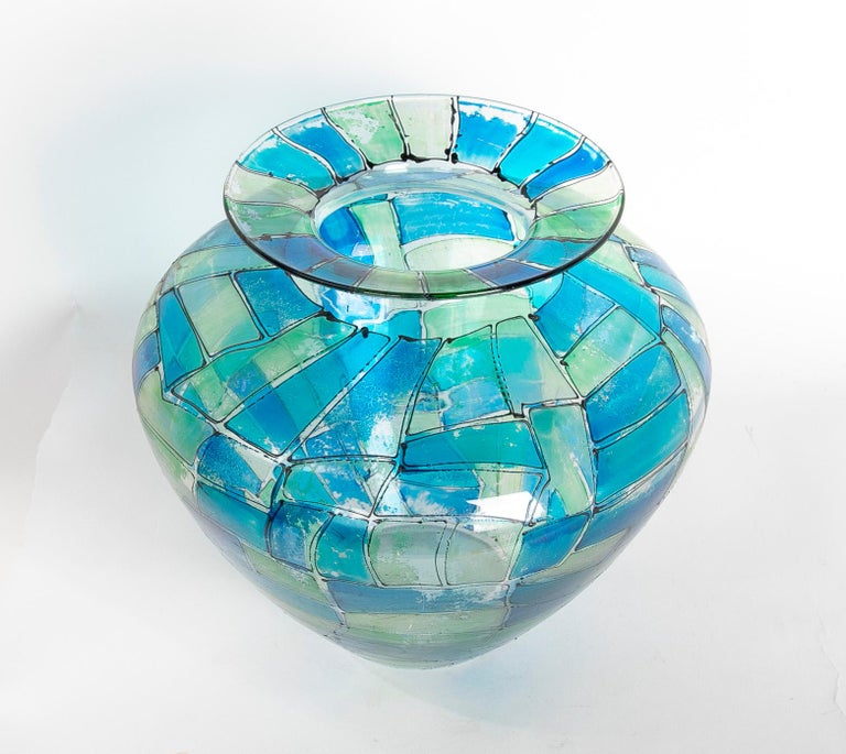Hand Painted Glass Vase with Wide Mouth Painted in Blue and Green Tones ...