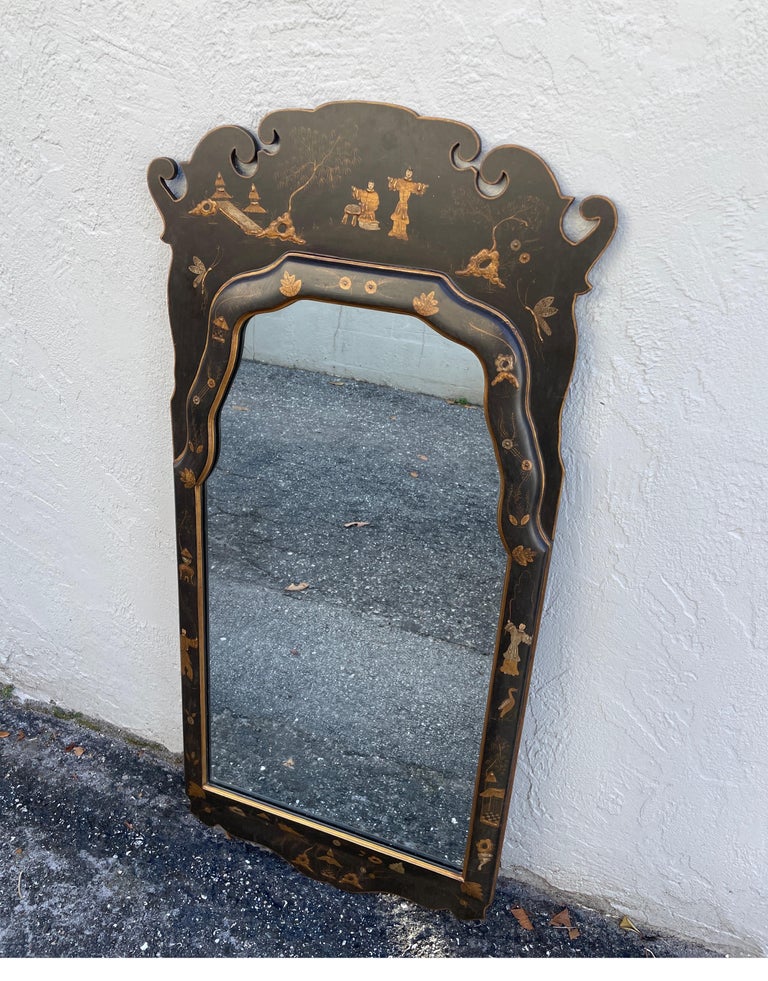 Hand Painted Italian Chinoiserie Black and Gold Mirror For Sale at 1stDibs