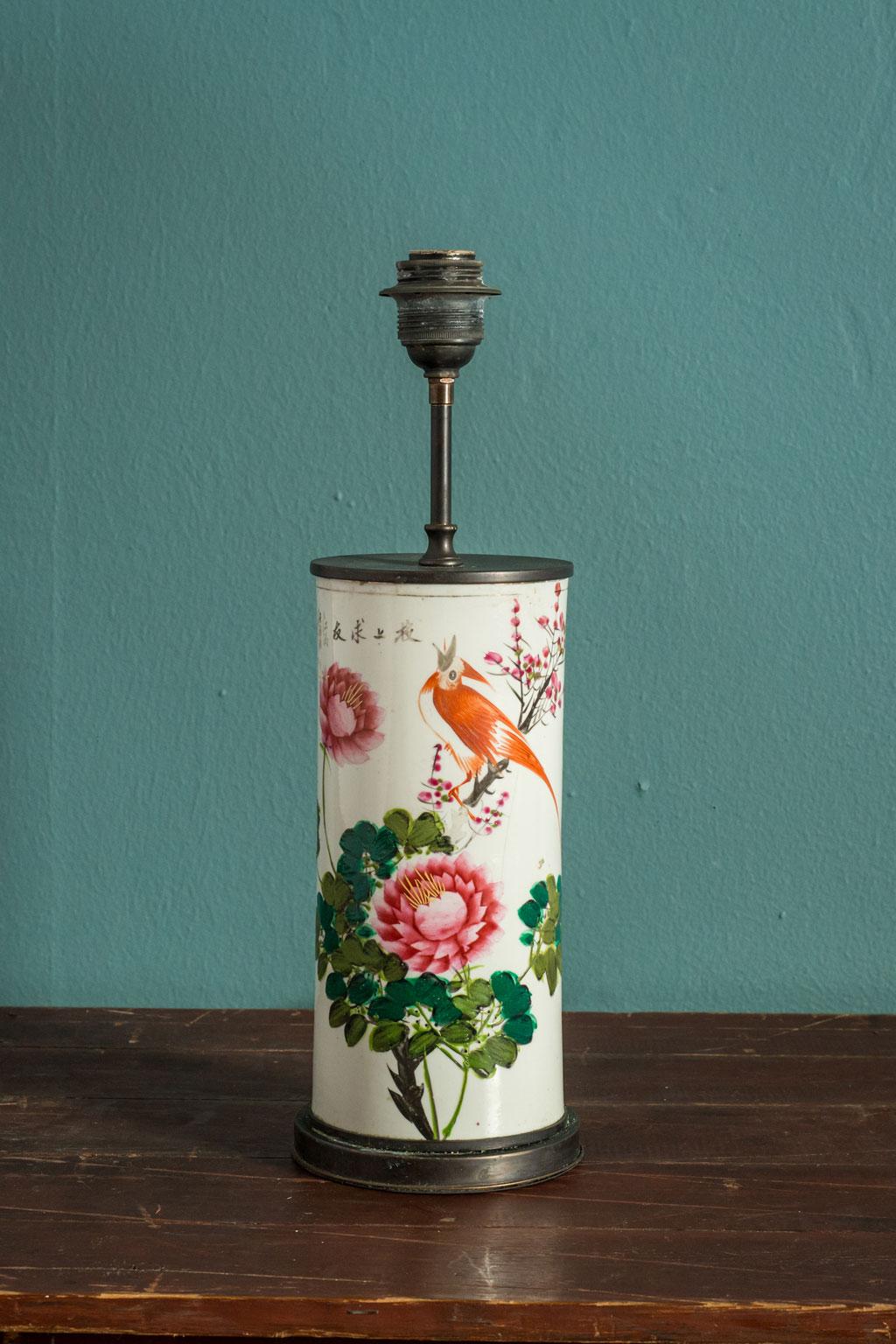 Hand Painted Japanese Vintage Table Lamp with Floral and Bird Motif at ...