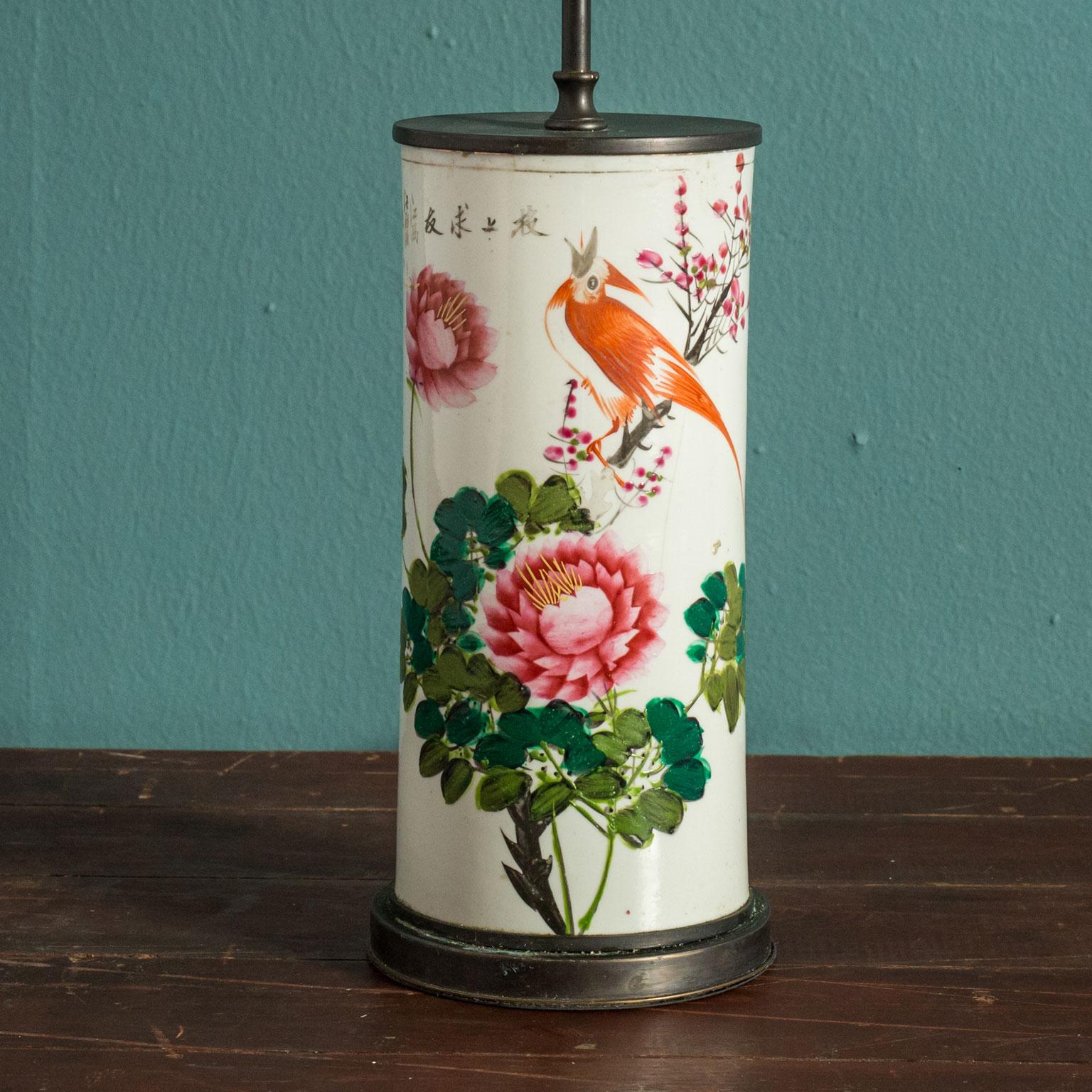 Hand Painted Japanese Vintage Table Lamp with Floral and Bird Motif at ...