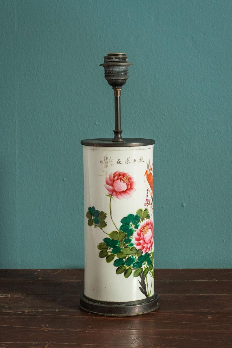 Hand Painted Japanese Vintage Table Lamp with Floral and Bird Motif at ...