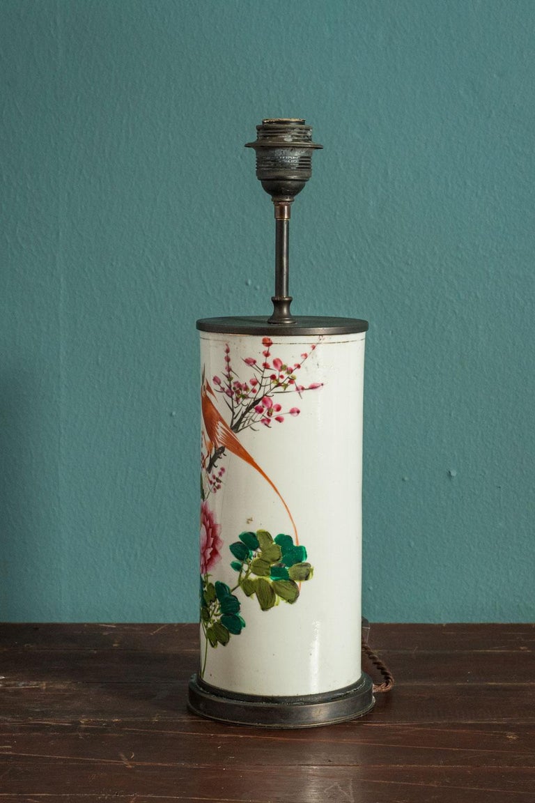 Hand Painted Japanese Vintage Table Lamp with Floral and Bird Motif at ...
