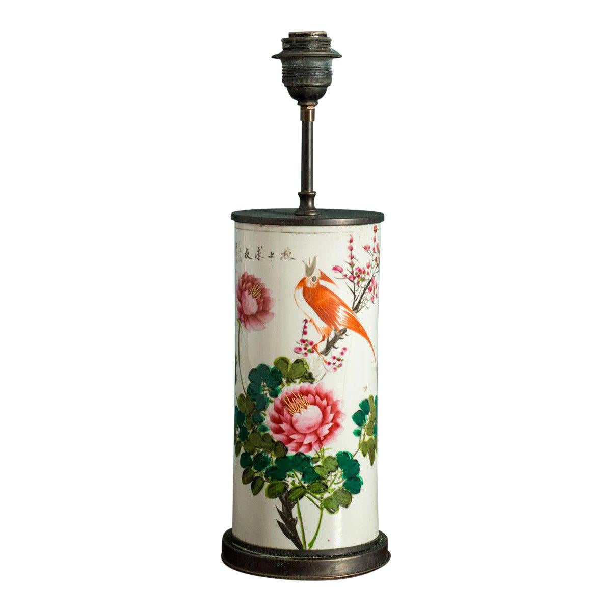 Hand Painted Japanese Vintage Table Lamp with Floral and Bird Motif at ...