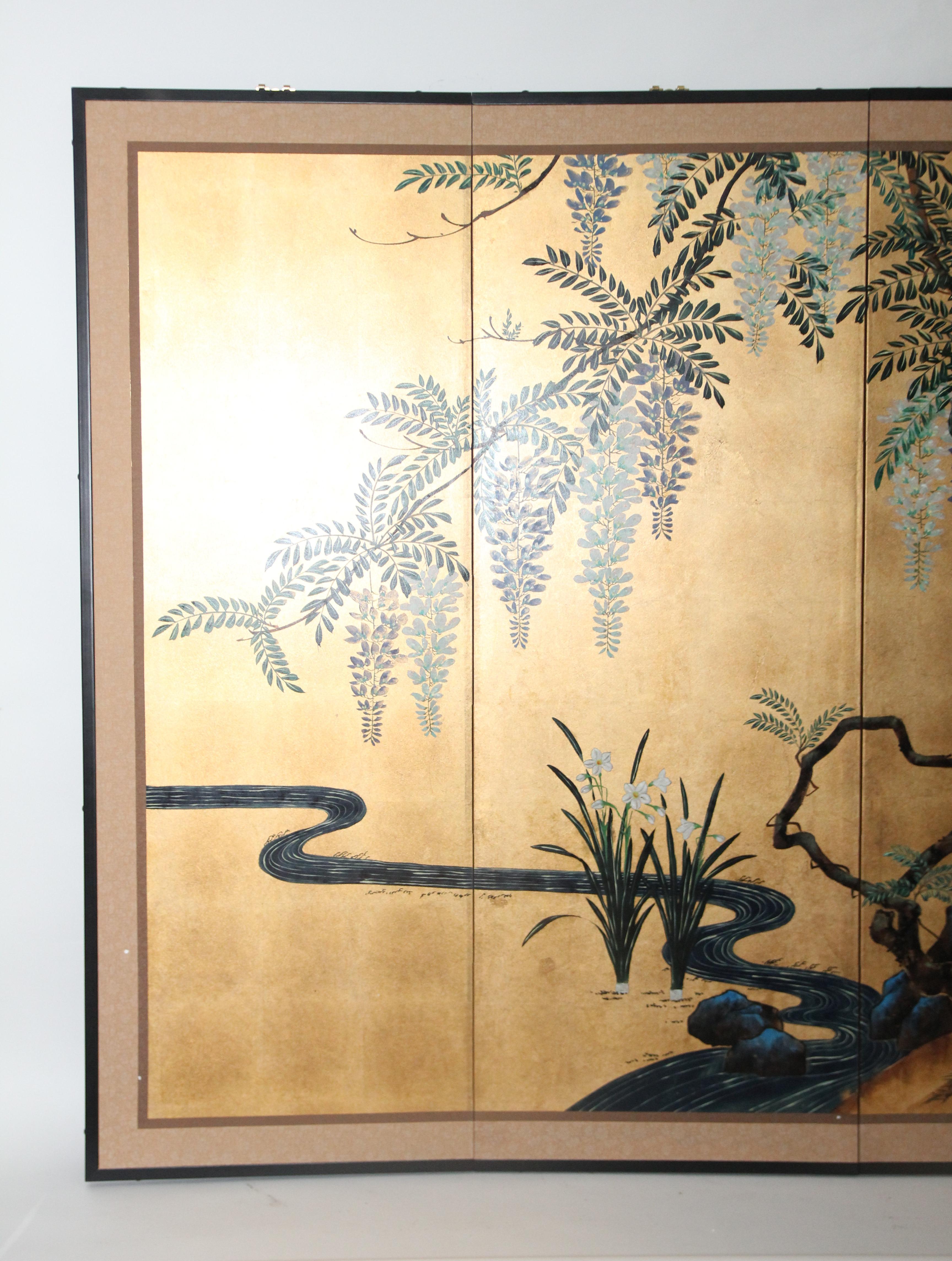 Hand-Painted Japanese Folding Screen Byobu Floral Painting, Watercolor ...