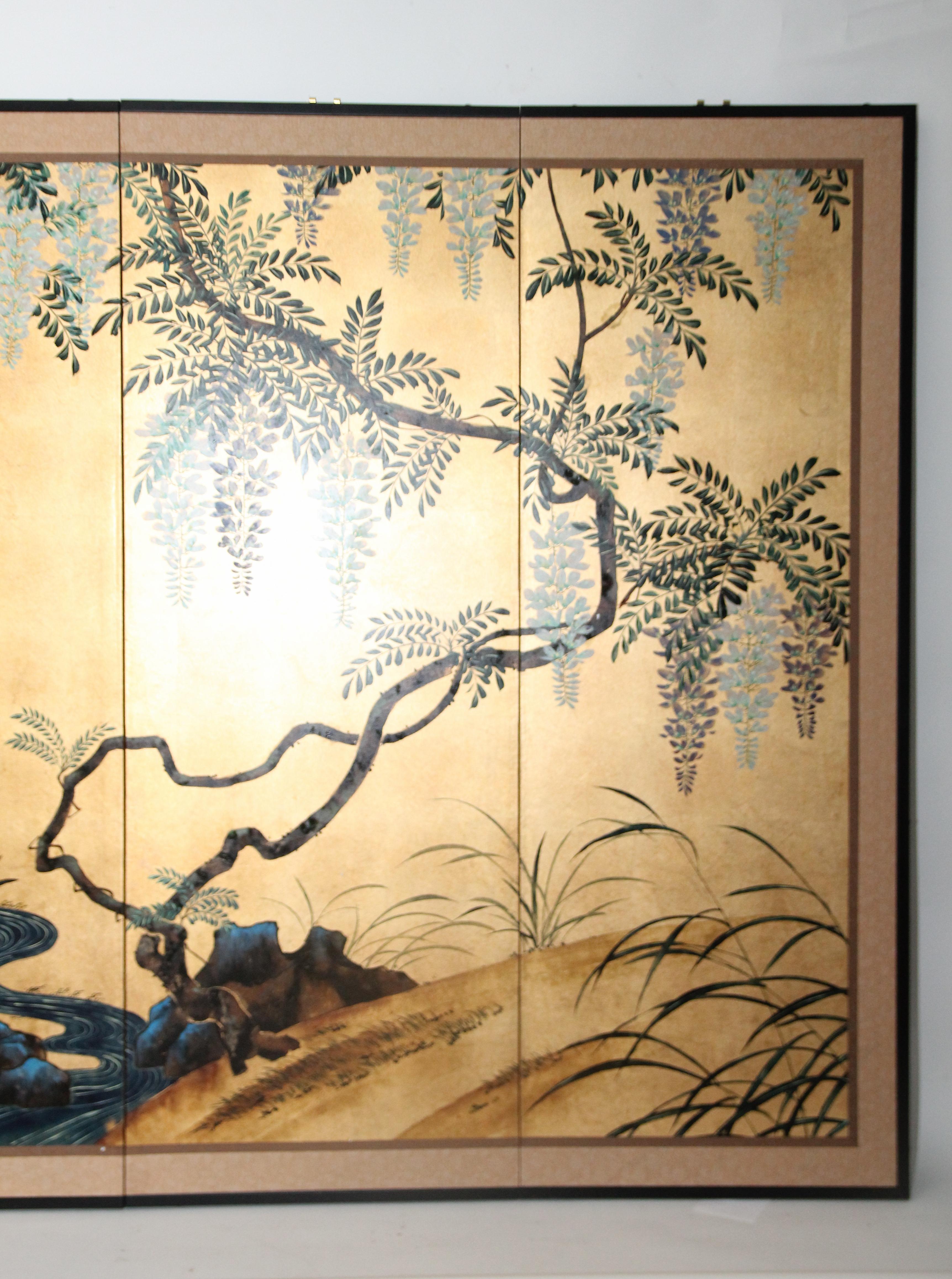 Hand-Painted Japanese Folding Screen Byobu Floral Painting, Watercolor ...
