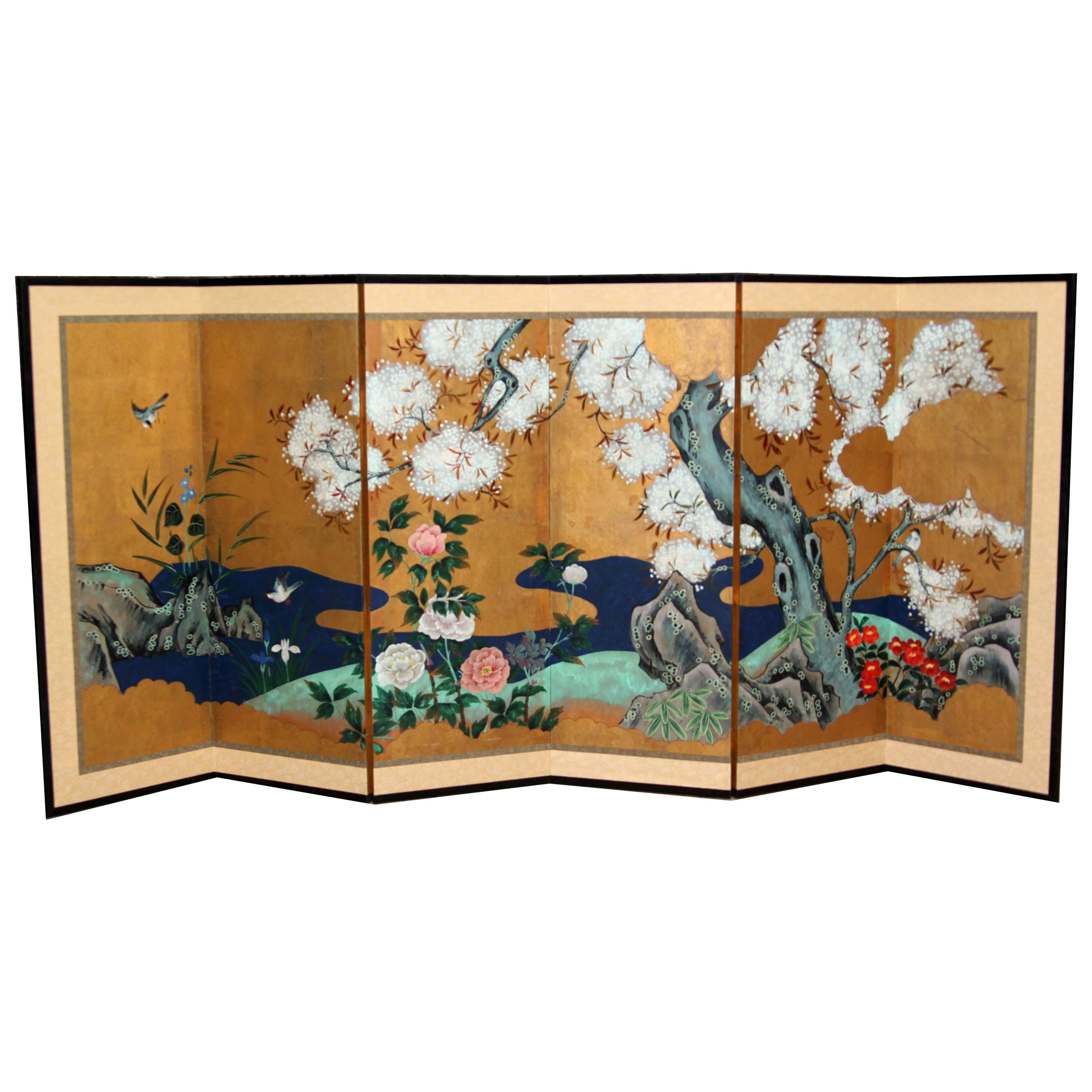 Hand Painted Japanese Folding Screen Byobu Floral Painting, Watercolor ...
