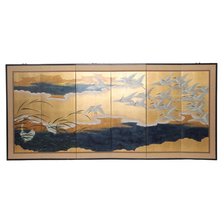 Hand-Painted Japanese Folding Screen Byobu of Flying Cranes on Goldleaf ...