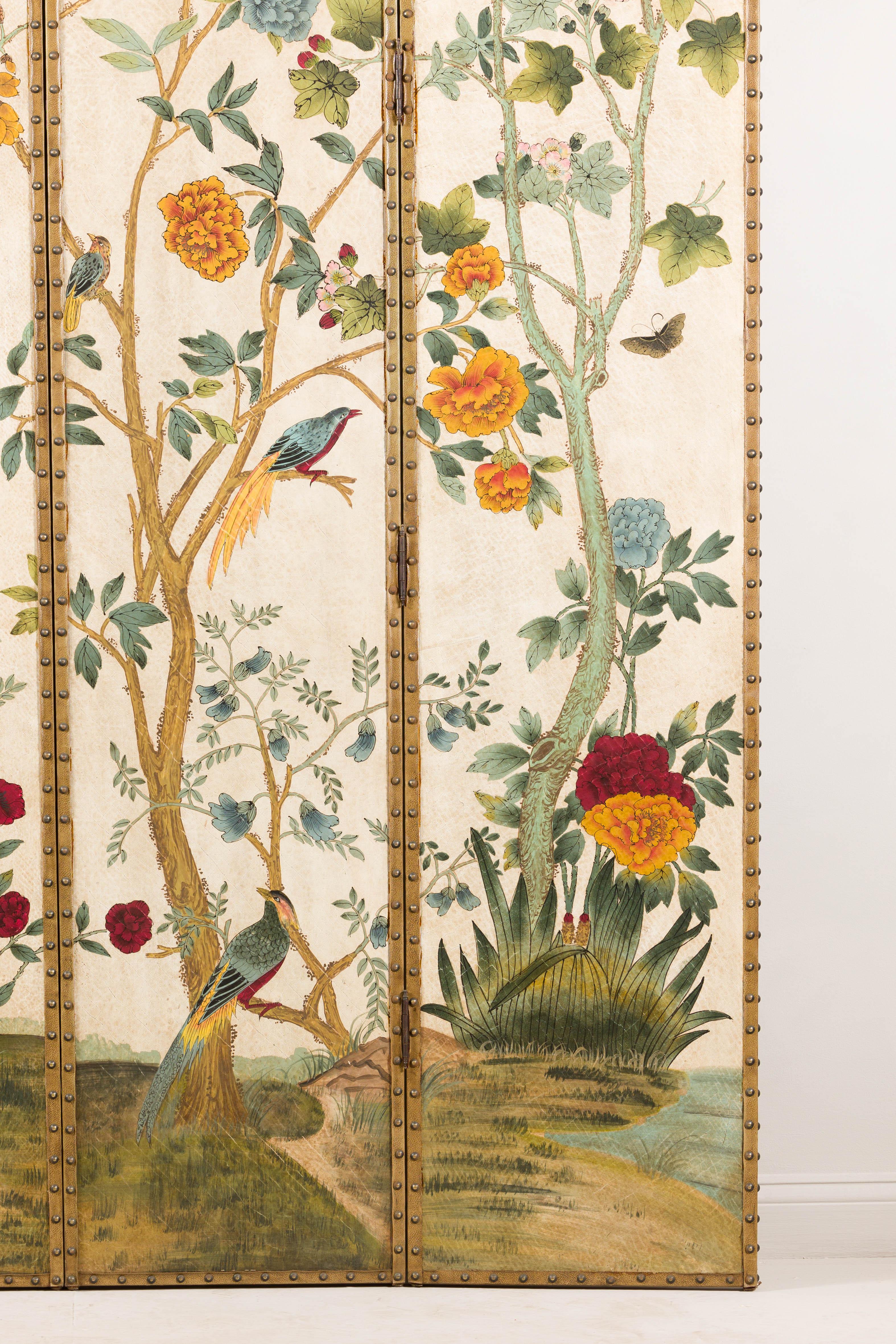 Hand-Painted Leather Four-Panel Screen with Botanical Motifs and ...
