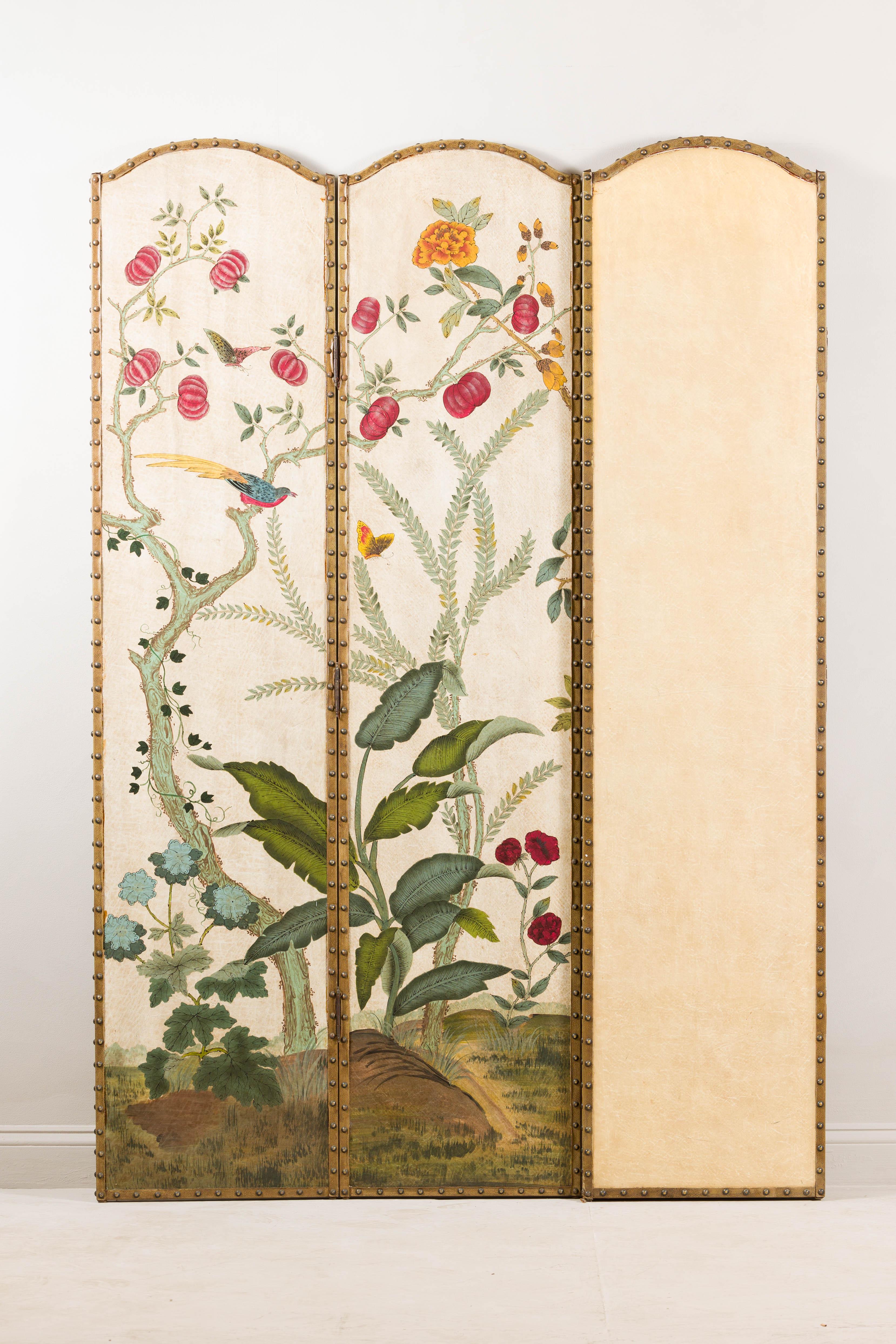 Hand-Painted Leather Four-Panel Screen with Botanical Motifs and ...