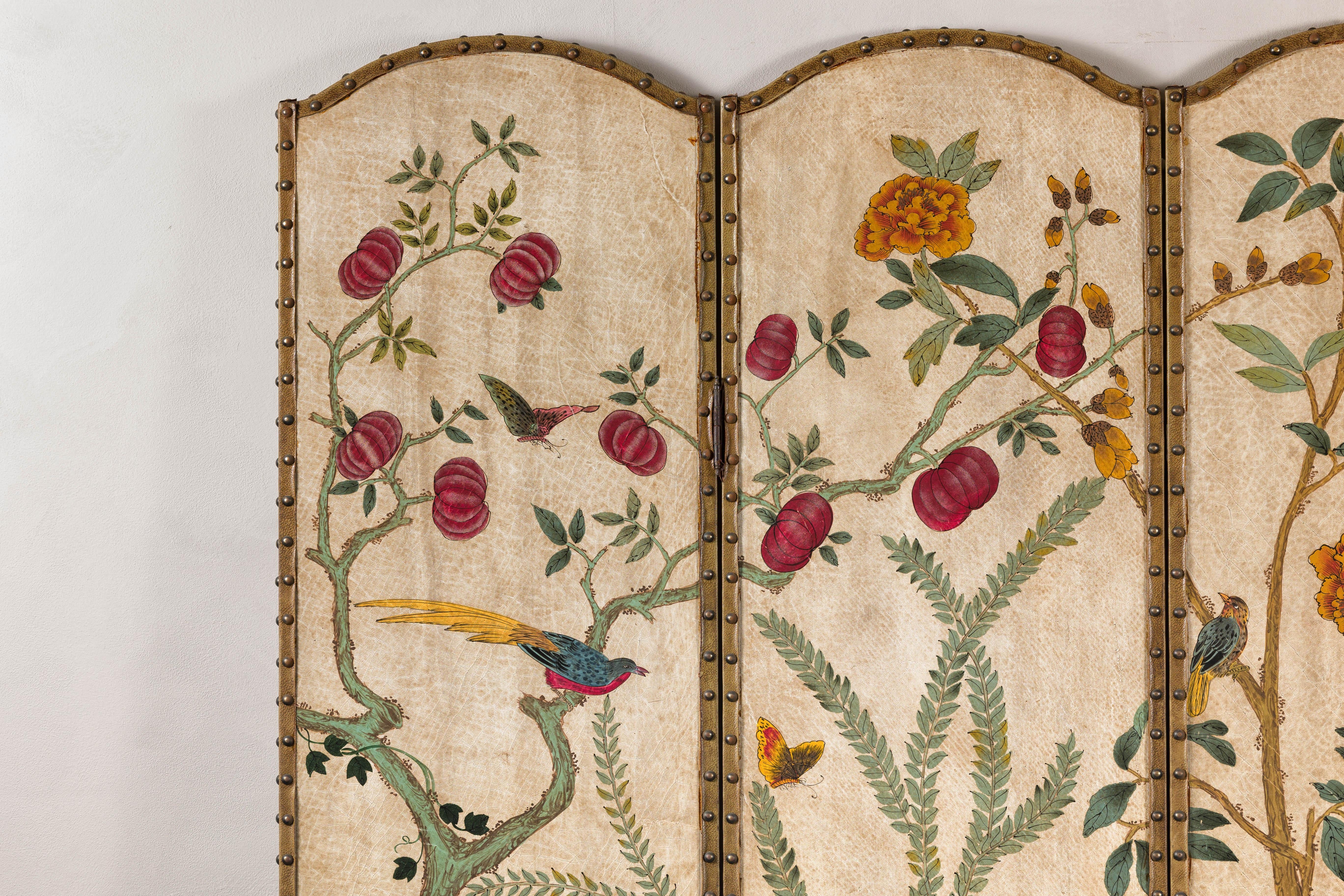 Hand-Painted Leather Four-Panel Screen with Botanical Motifs and ...
