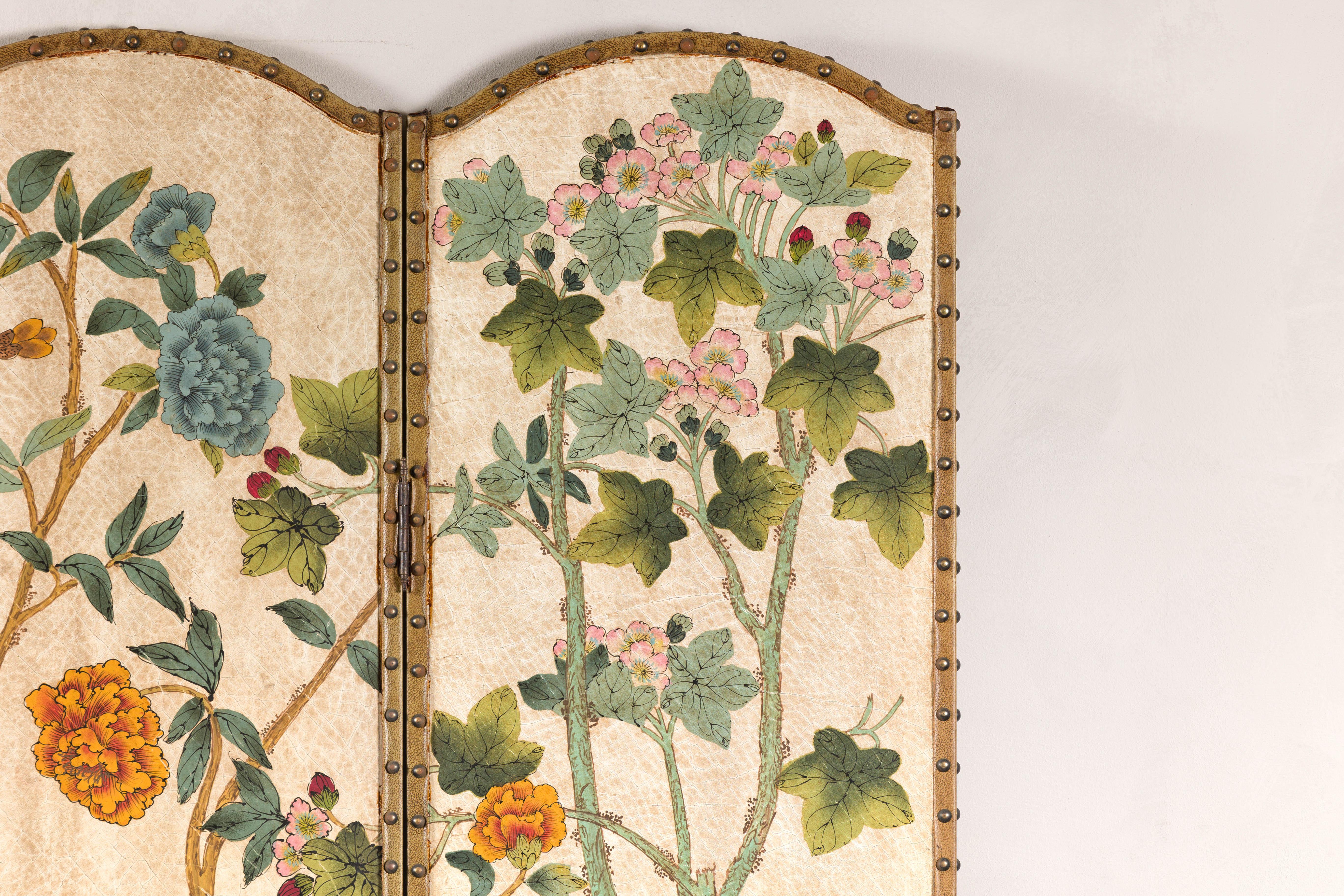 Hand-Painted Leather Four-Panel Screen with Botanical Motifs and ...