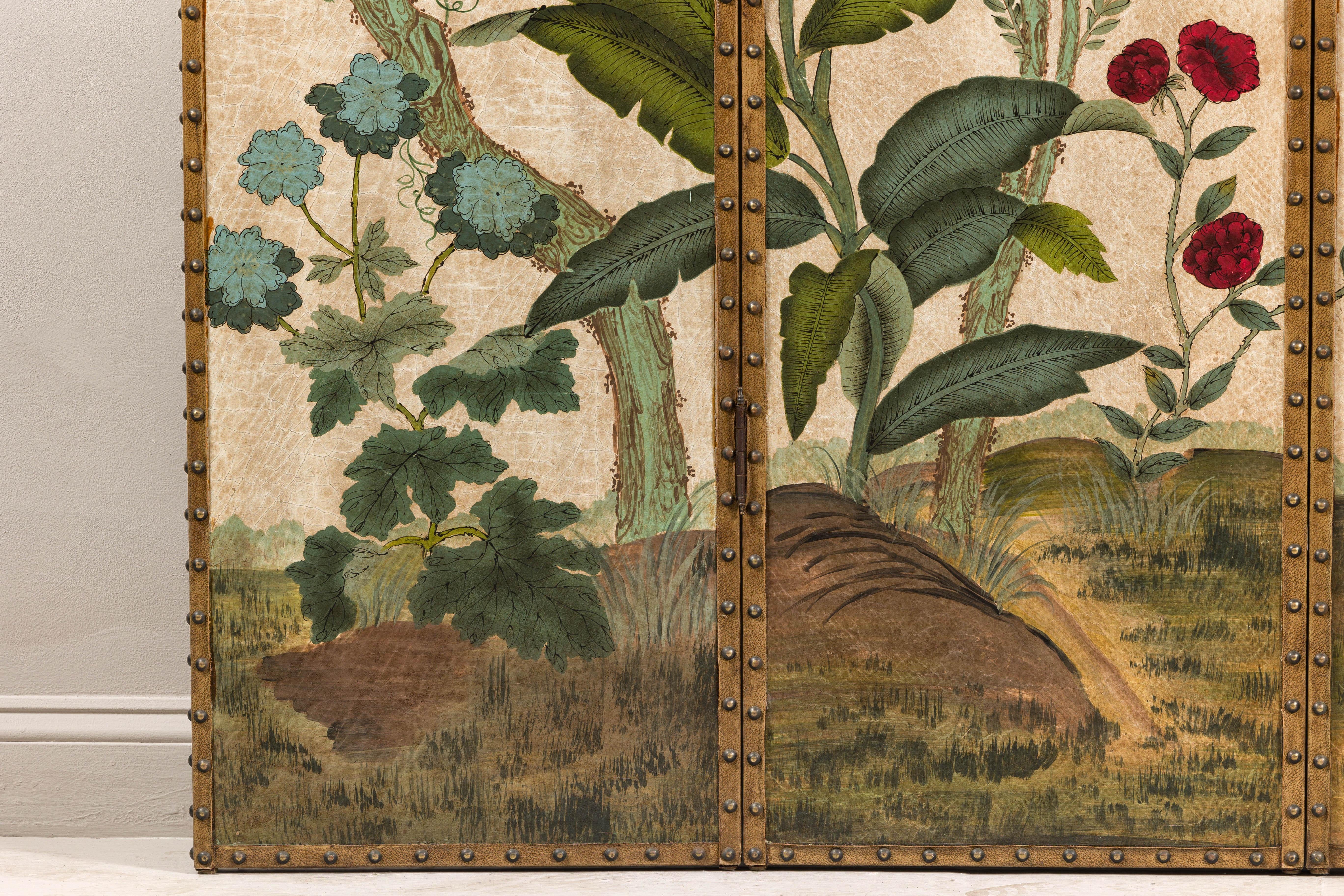 Hand-Painted Leather Four-Panel Screen with Botanical Motifs and ...