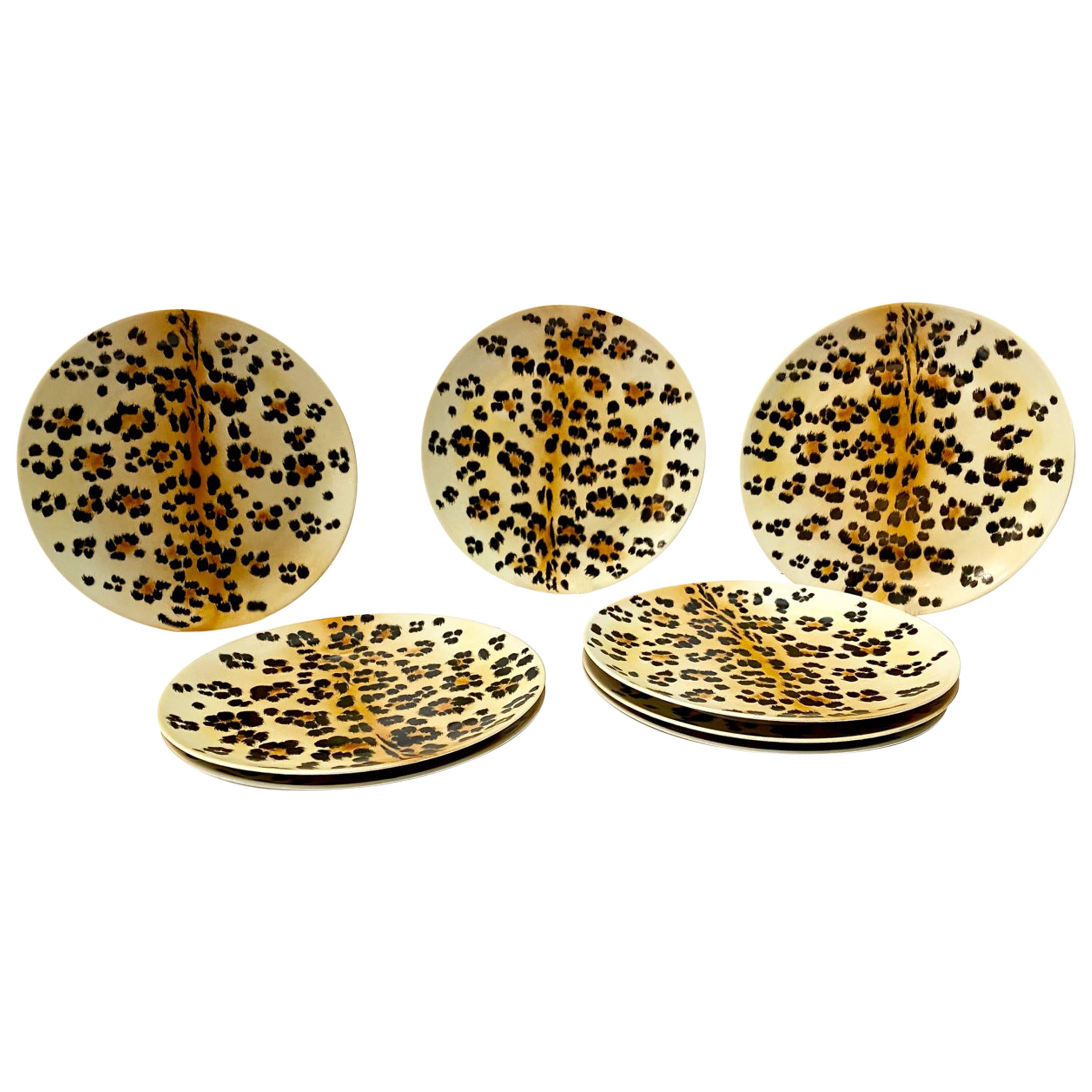 Hand Painted Leopard Plates, Set of 8 at 1stDibs