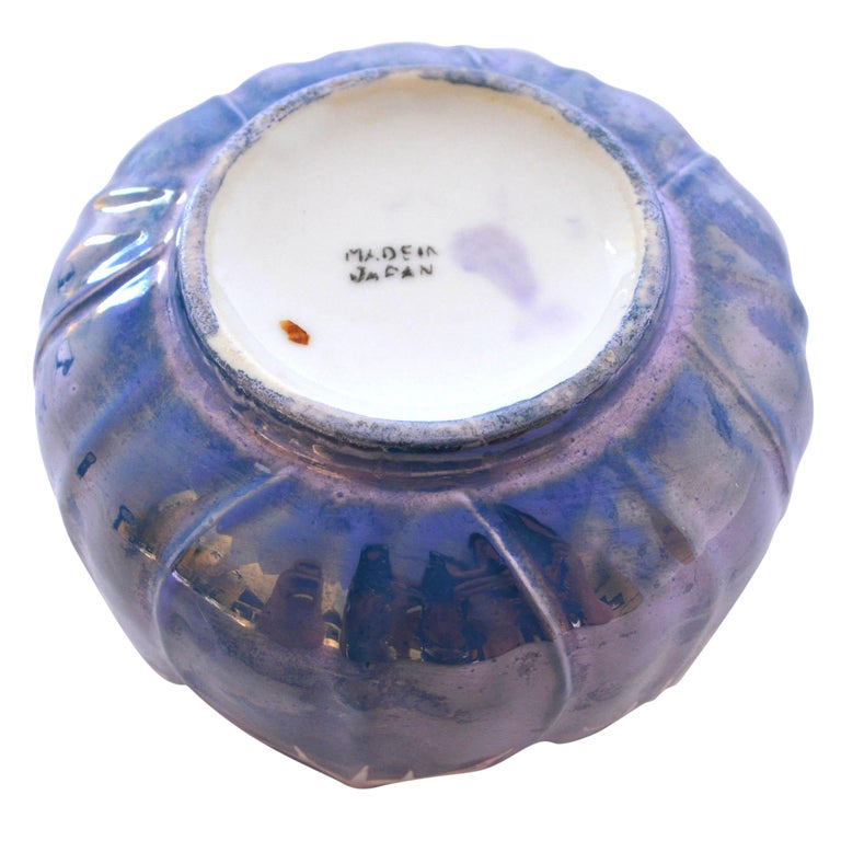 Hand Painted Lotus Designed Bowl Lusterware Blue For Sale at 1stDibs