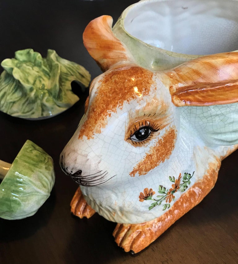Hand-Painted Majolica Rabbit Soup Tureen, Crackle Glaze, 1940s, Italy ...