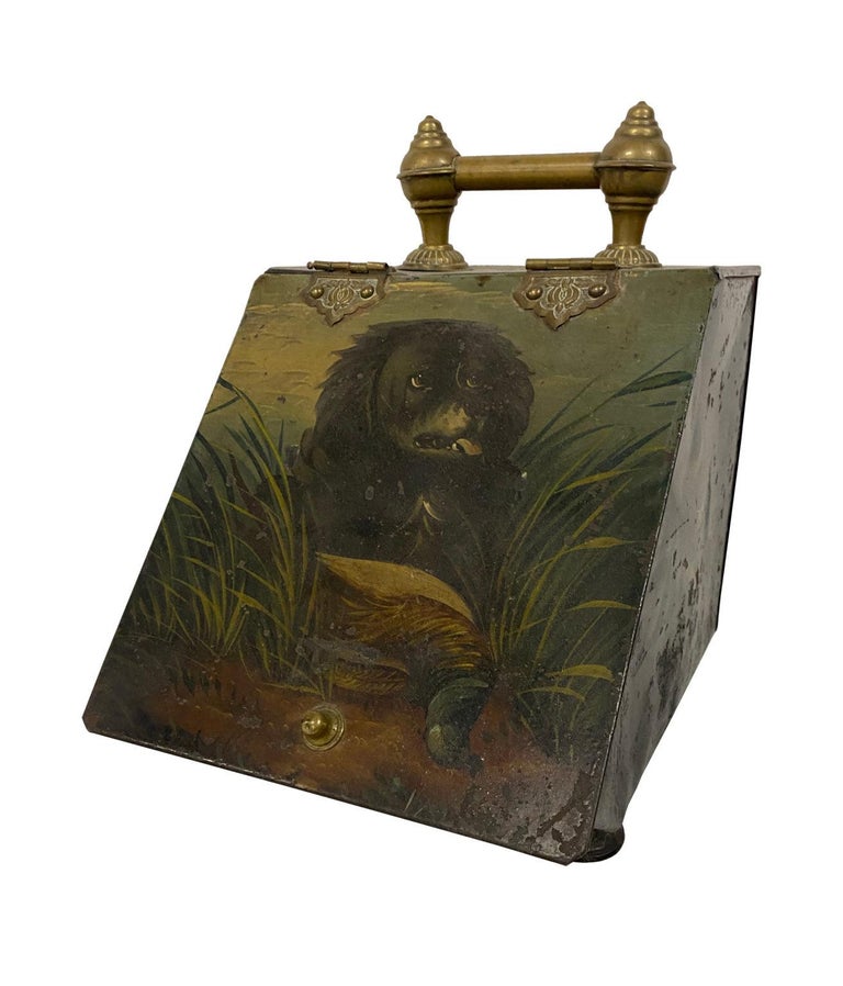 Hand Painted Metal and Brass Coal and Ash Box For Sale at 1stDibs