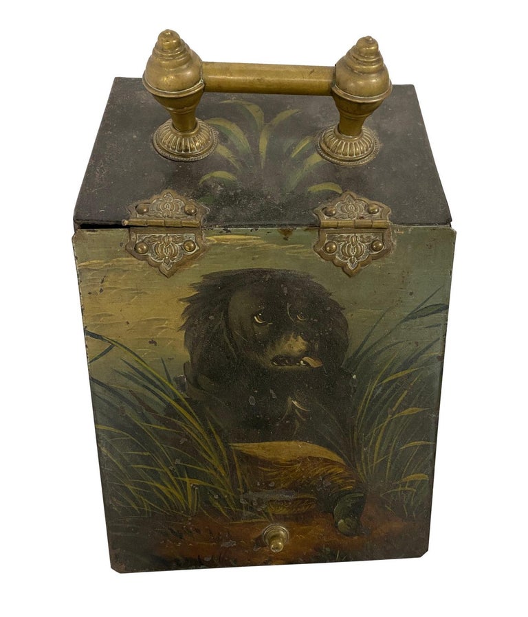 Hand Painted Metal and Brass Coal and Ash Box For Sale at 1stDibs