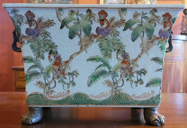 Hand Painted Monkey and Elephant Jardiniere at 1stDibs
