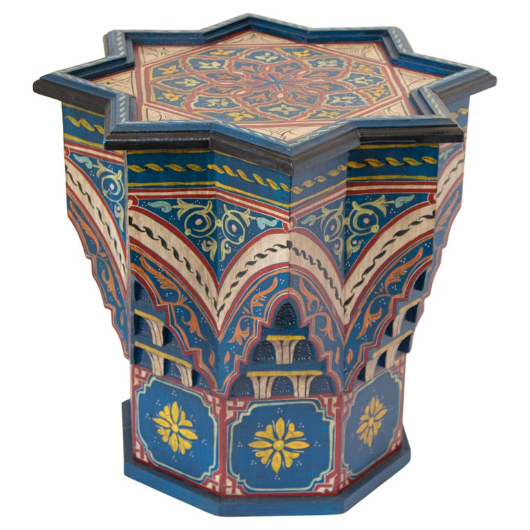 Hand Painted Blue Moroccan Side Table Moorish Style For Sale at 1stDibs