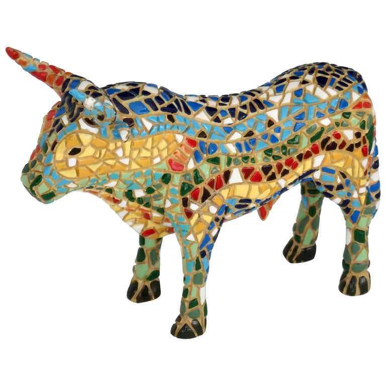 Hand Painted Mosaic Ceramic Bull Figurine at 1stDibs
