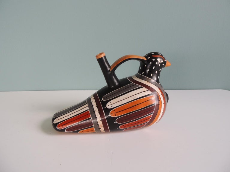 Hand Painted Peruvian Terracotta Bird Vase For Sale at 1stDibs