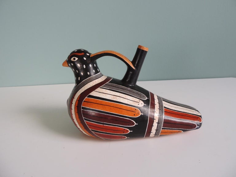 Hand Painted Peruvian Terracotta Bird Vase For Sale at 1stDibs
